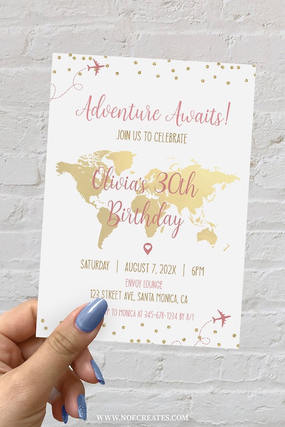 World Map Birthday Invitation With a Gold World Map - Etsy