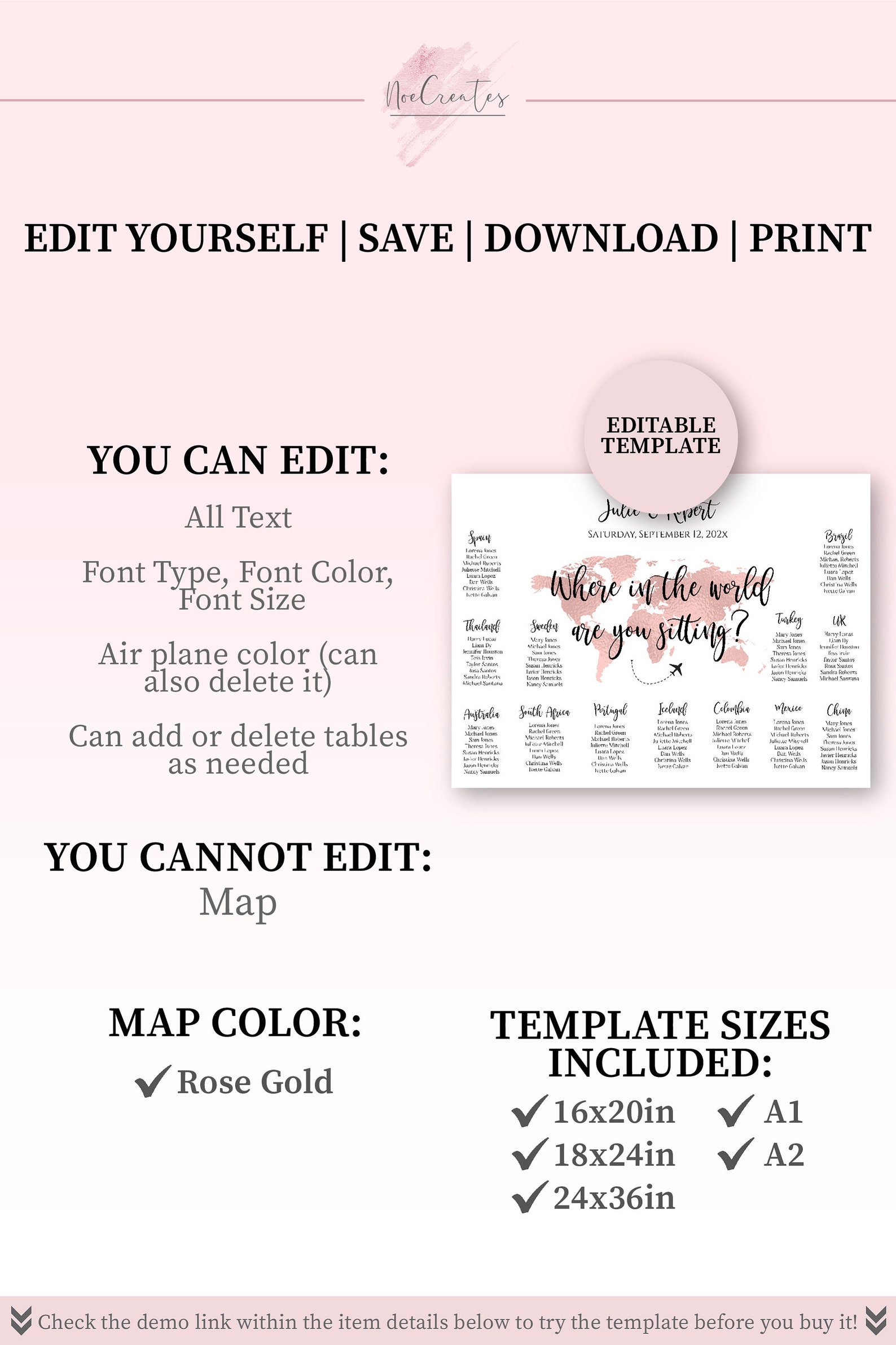 Rose Gold Map Seating Chart Template: Travel Theme Wedding (digital ...