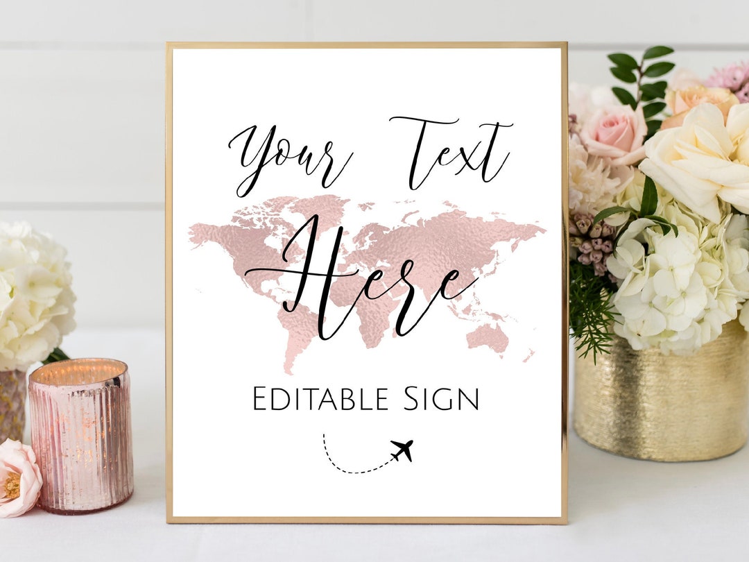 Rose Gold World Map Sign Template, Printable Travel Theme Sign ...