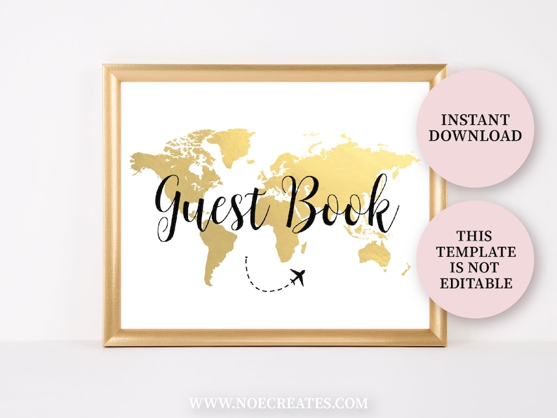 Gold World Map Guest Book Sign Travel Theme World Map Poster - Etsy