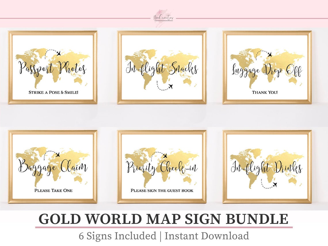 Gold World Map Signs Bundle Travel Theme Decorations Travel - Etsy