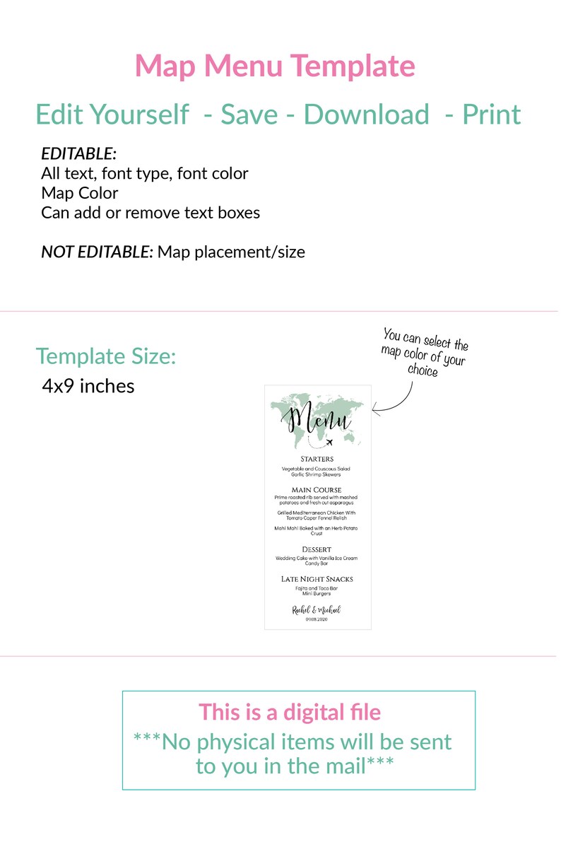 Menu Template Customizable With Any Map Color Travel Theme | Etsy