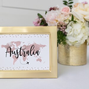 Rose Gold World Map Table Names Template, Travel Theme Table Numbers ...