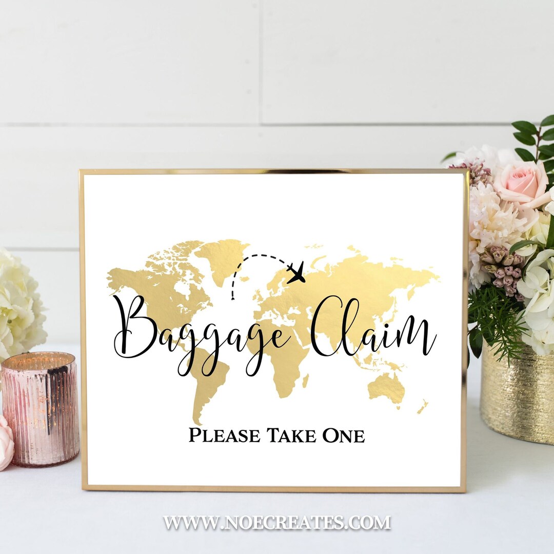 Gold World Map Baggage Claim Sign: Travel Theme Party Decor (PDF & JPEG ...
