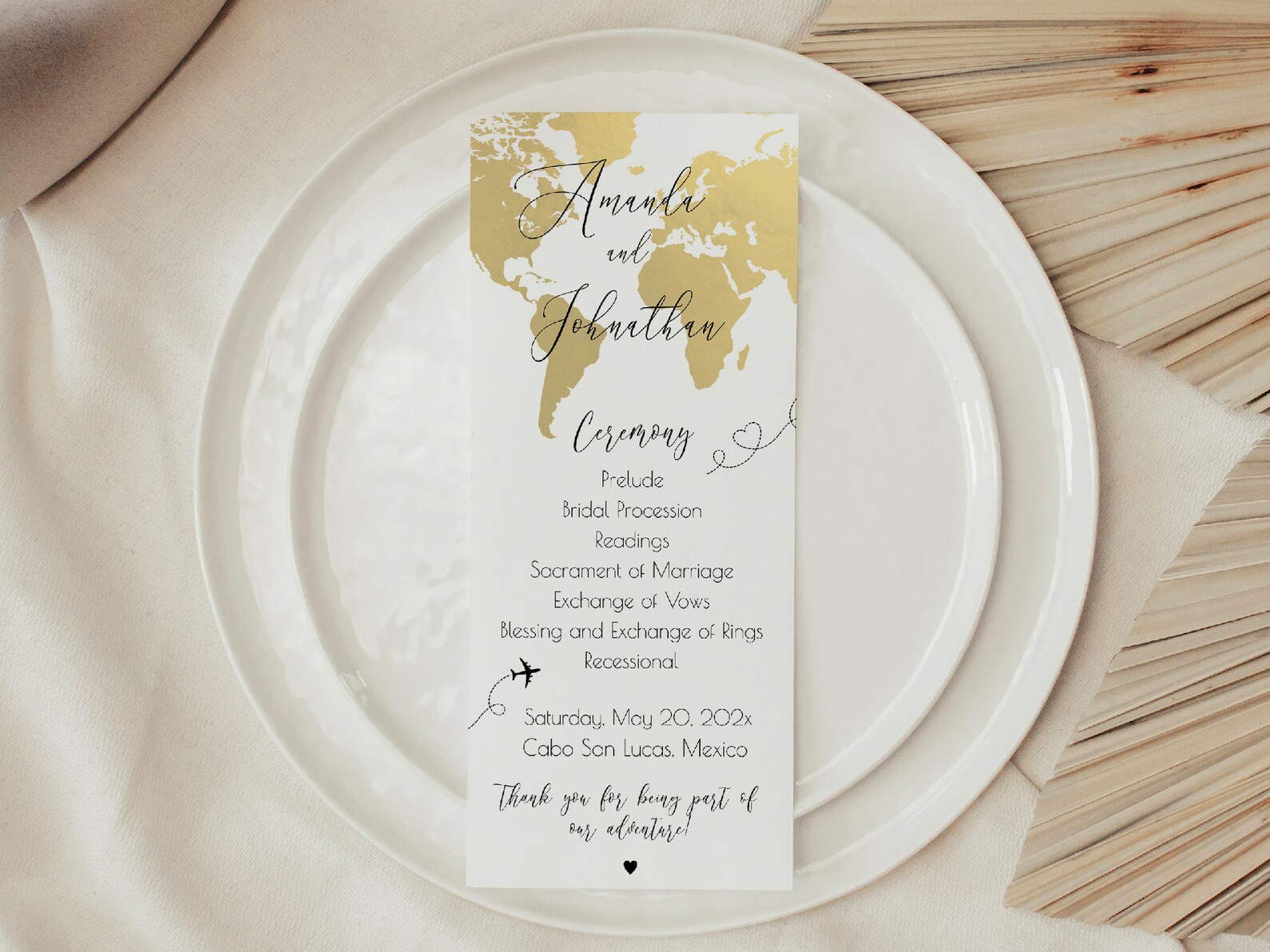 World Map Wedding Program, Travel Theme Ceremony Program Template, Gold ...