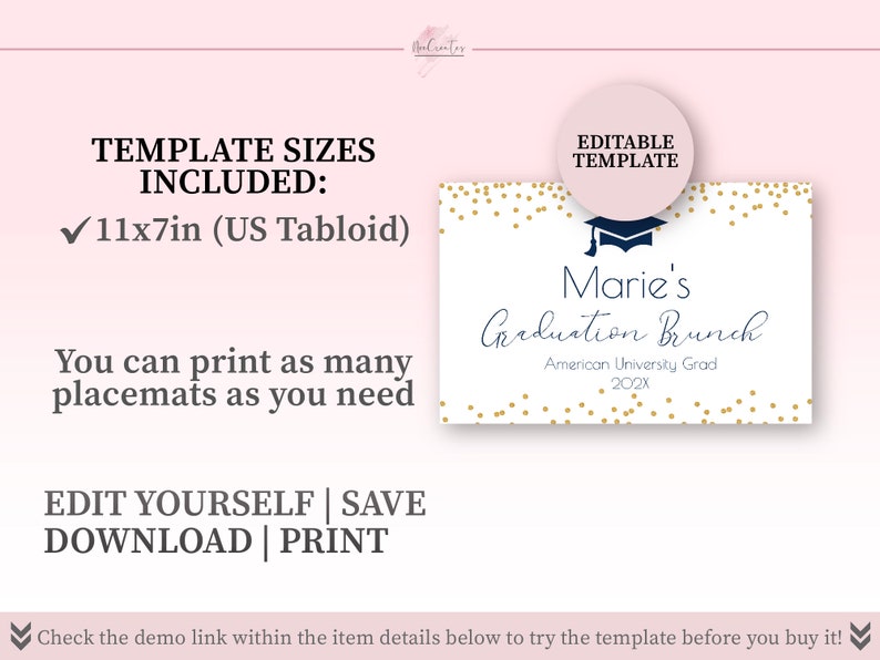 Editable Graduation Placemat Template: Party Decor (17x11in) (digital ...