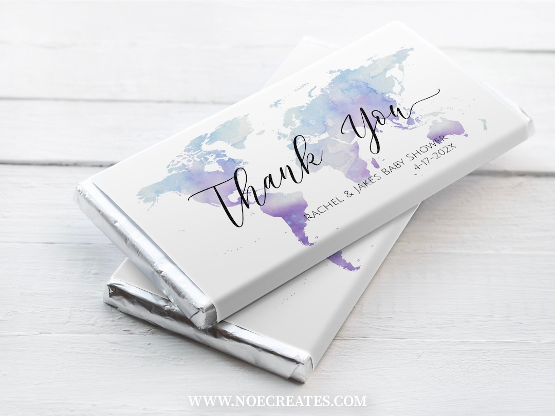 Watercolor World Map Chocolate Bar Wrapper: Travel Party Favor (digital ...