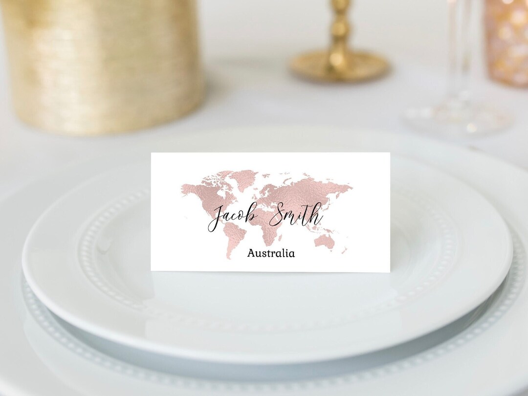 Rose Gold World Map Foldable Place Cards, Travel Theme Name Cards ...
