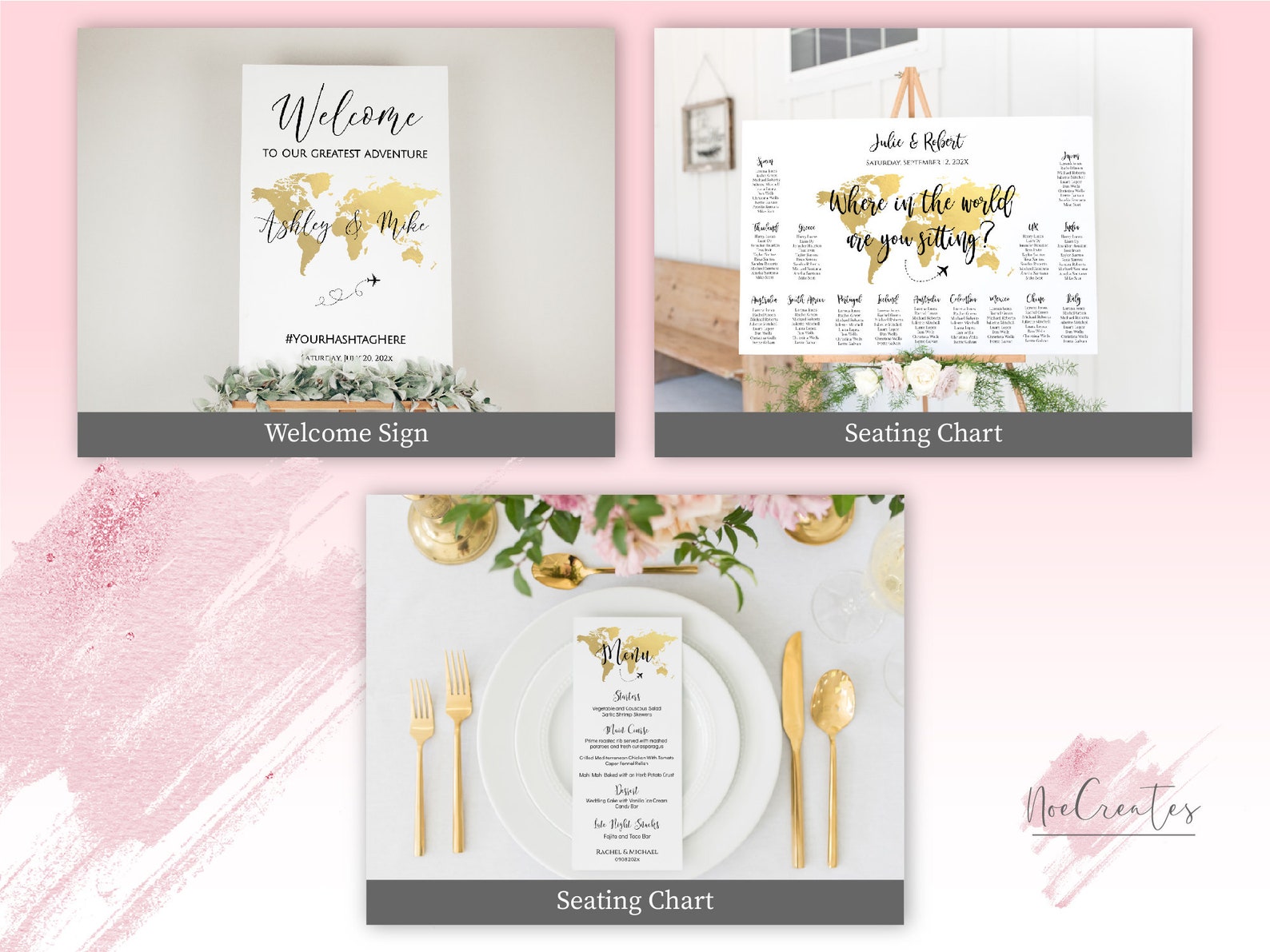 Gold World Map Wedding Sign Bundle Travel Theme Wedding - Etsy