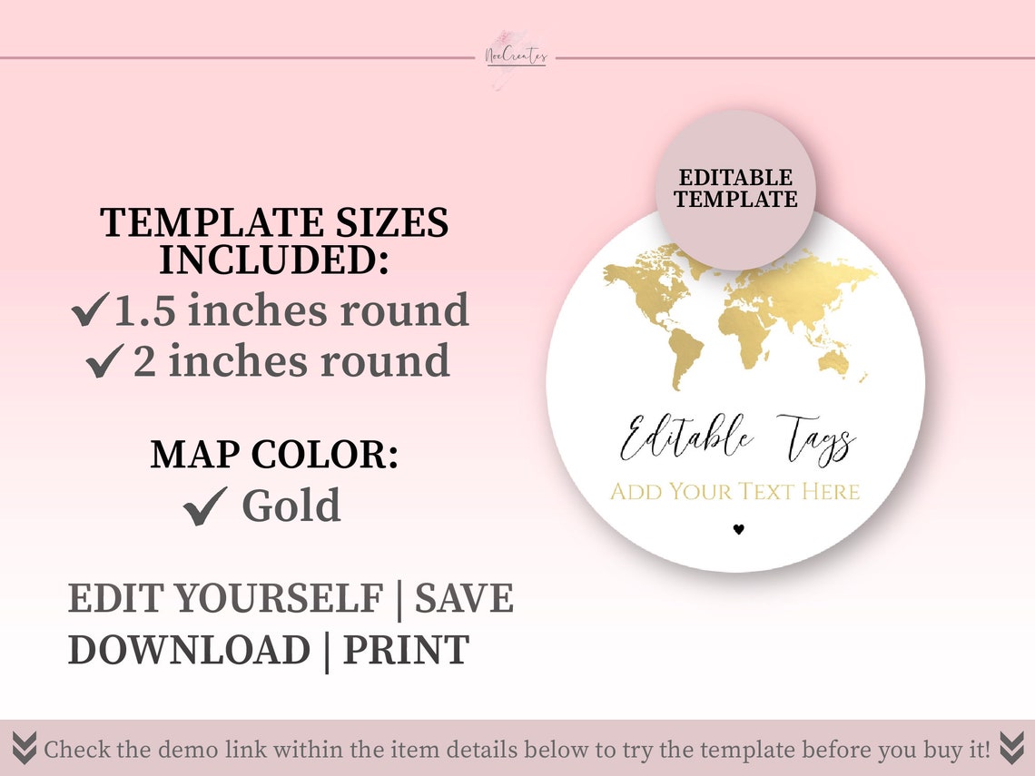 Printable World Map Favor Tags Template Gold Map Gift Tags - Etsy
