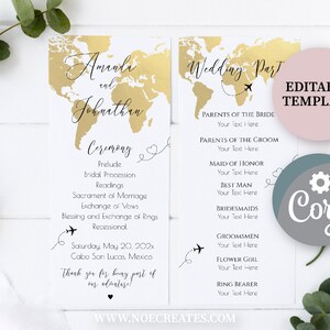 World Map Wedding Program, Travel Theme Ceremony Program Template, Gold ...