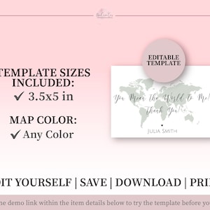 Editable Map Thank You Card, Printable World Map Thank You Card, Travel ...