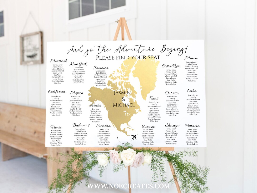 North America Wedding Seating Chart: Gold Map, Destination Theme ...