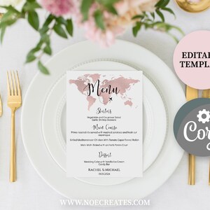 Rose Gold Map Menu Template, Travel Theme Wedding Menu Template ...