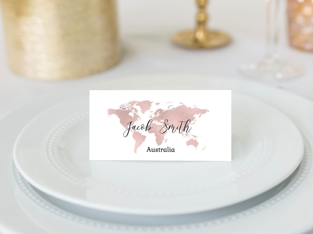 Rose Gold World Map Foldable Place Cards Travel Theme Name - Etsy