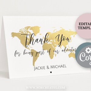 Gold World Map Thank You Card: Travel Theme, Editable (digital Download ...