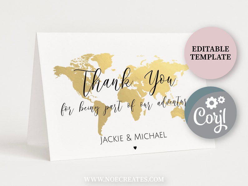 Gold World Map Thank You Card: Travel Theme, Editable (digital Download ...