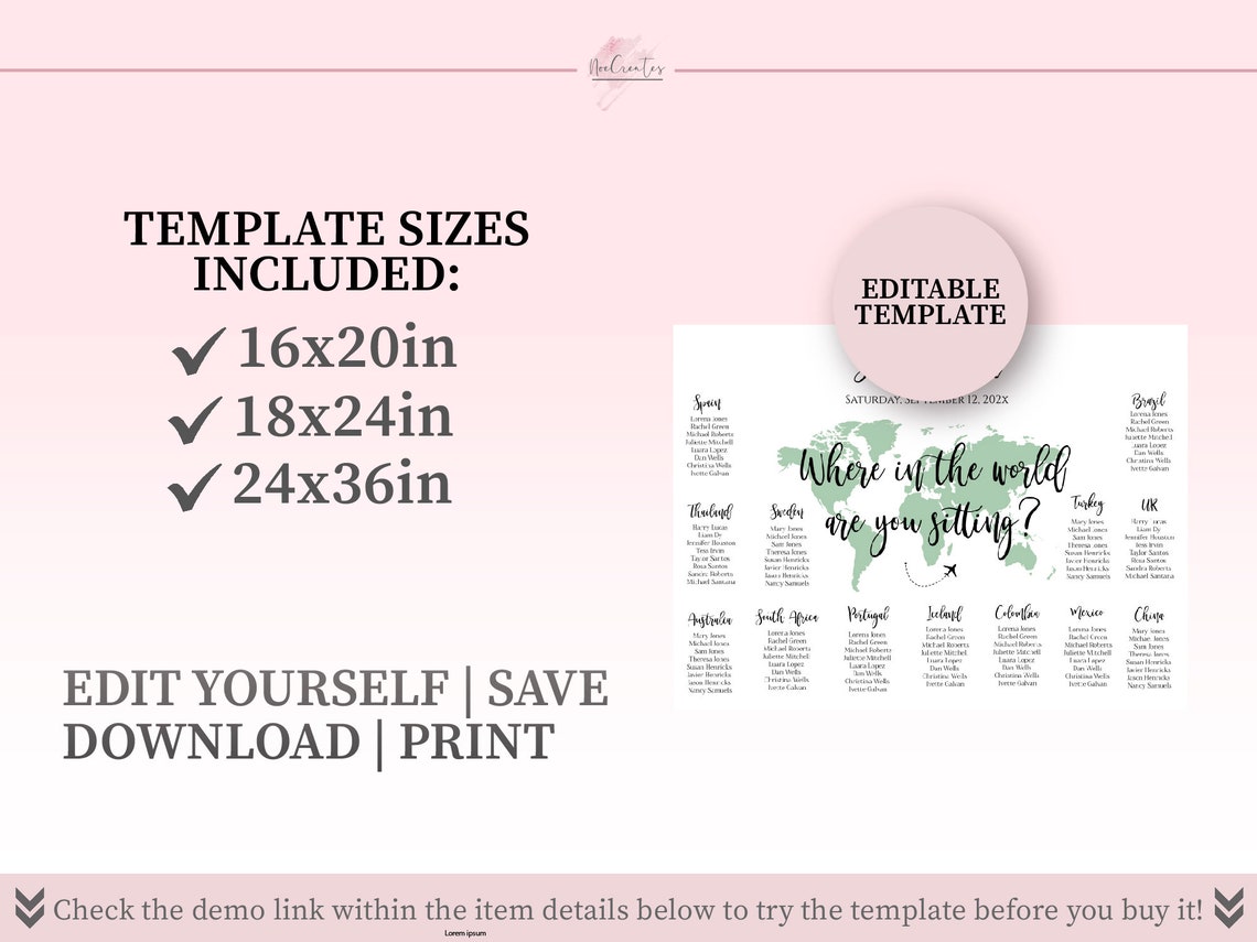 World Map Wedding Seating Chart Template Editable World Map - Etsy UK