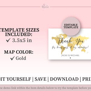 Gold World Map Thank You Card: Travel Theme, Editable (digital Download ...