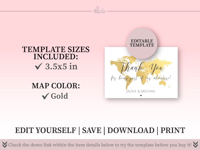 Gold World Map Thank You Card: Travel Theme, Editable (digital Download ...