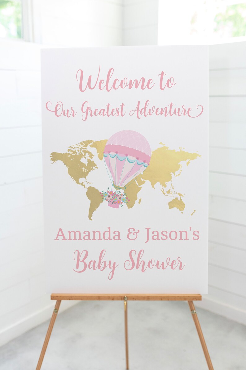 Pink Hot Air Balloon Welcome Sign with a World Map Background | Etsy