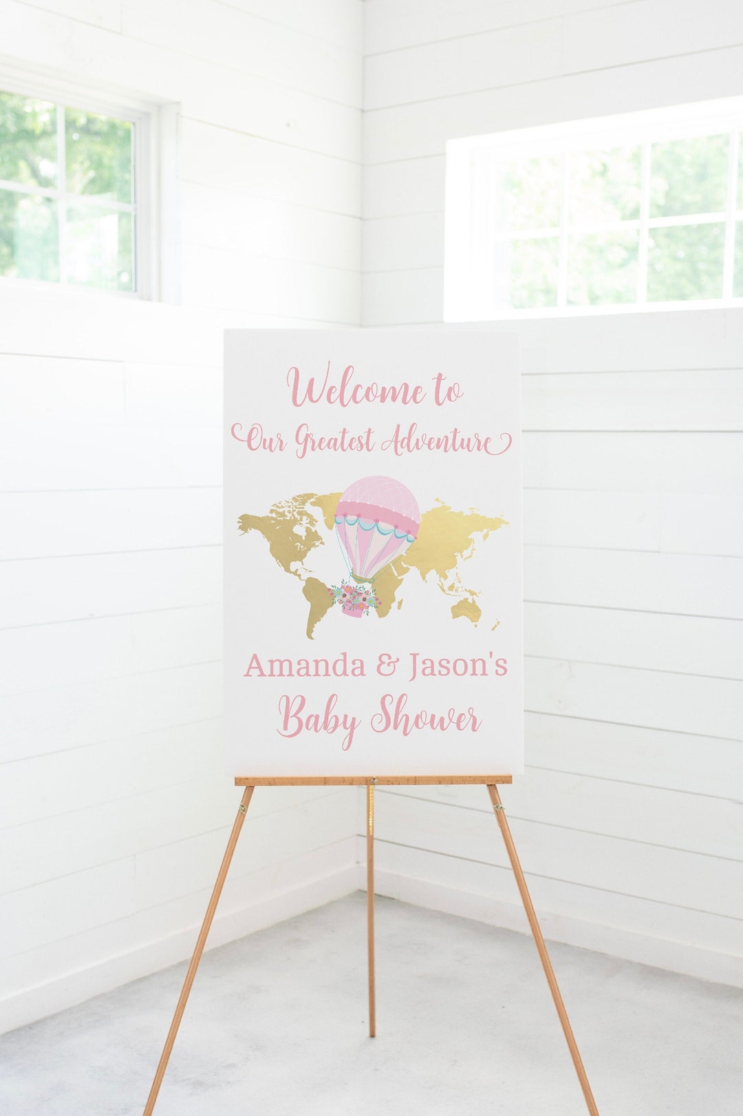 Pink Hot Air Balloon Welcome Sign With a World Map Background, up in ...