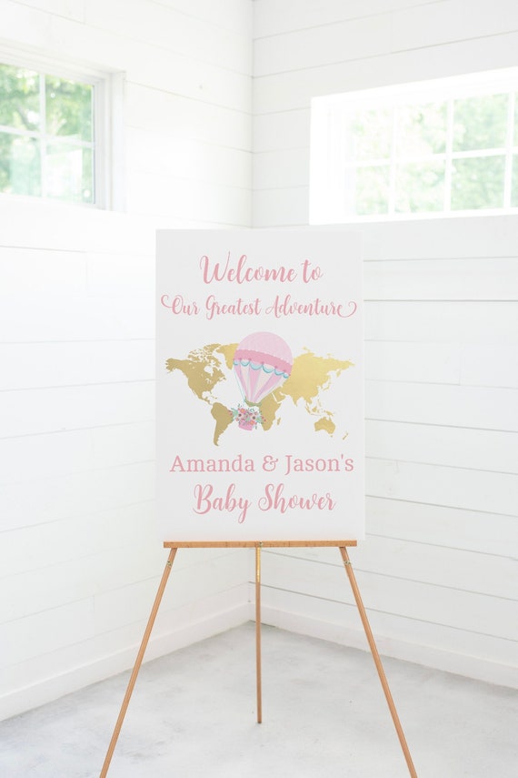 Pink Hot Air Balloon Welcome Sign with a World Map Background | Etsy