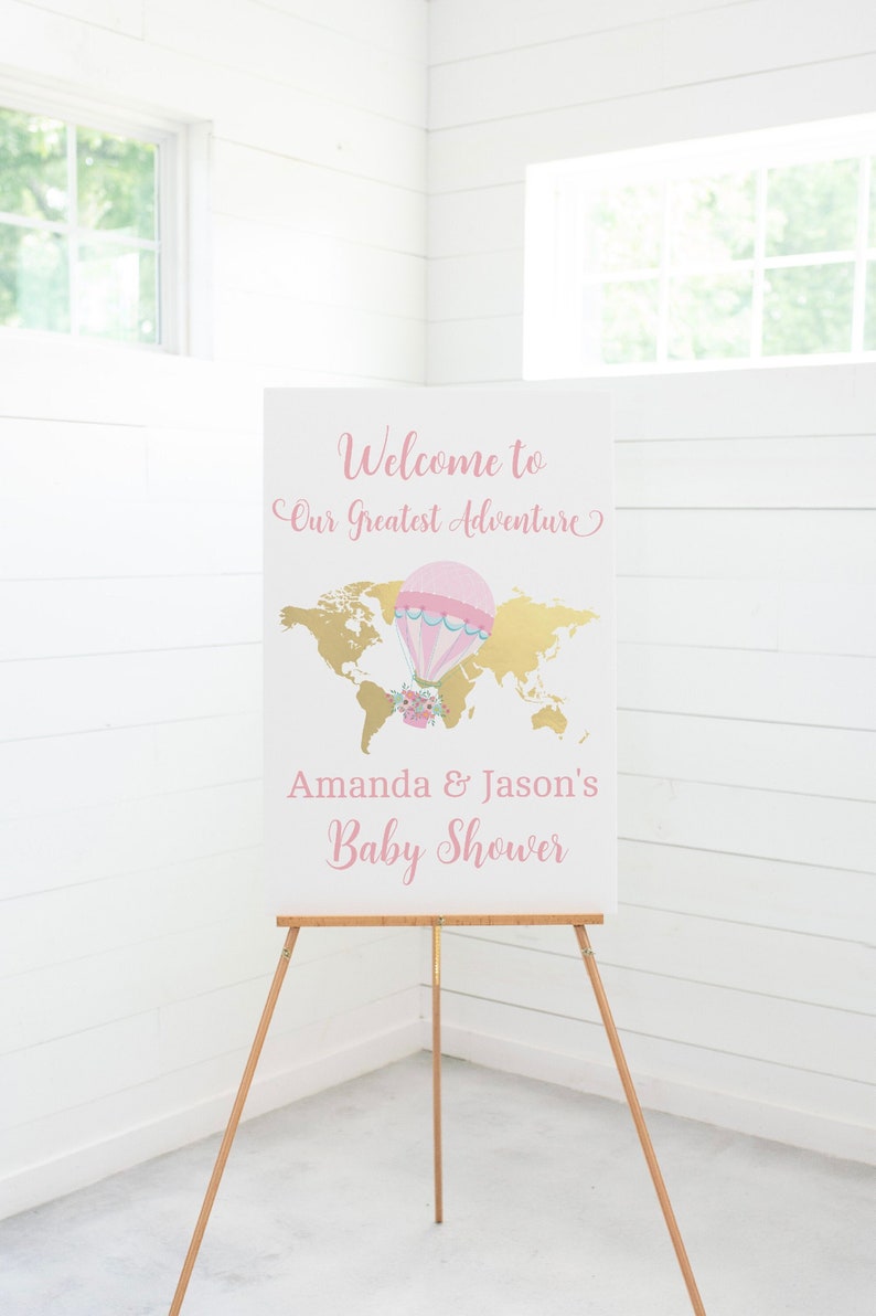 Pink Hot Air Balloon Welcome Sign with a World Map Background | Etsy