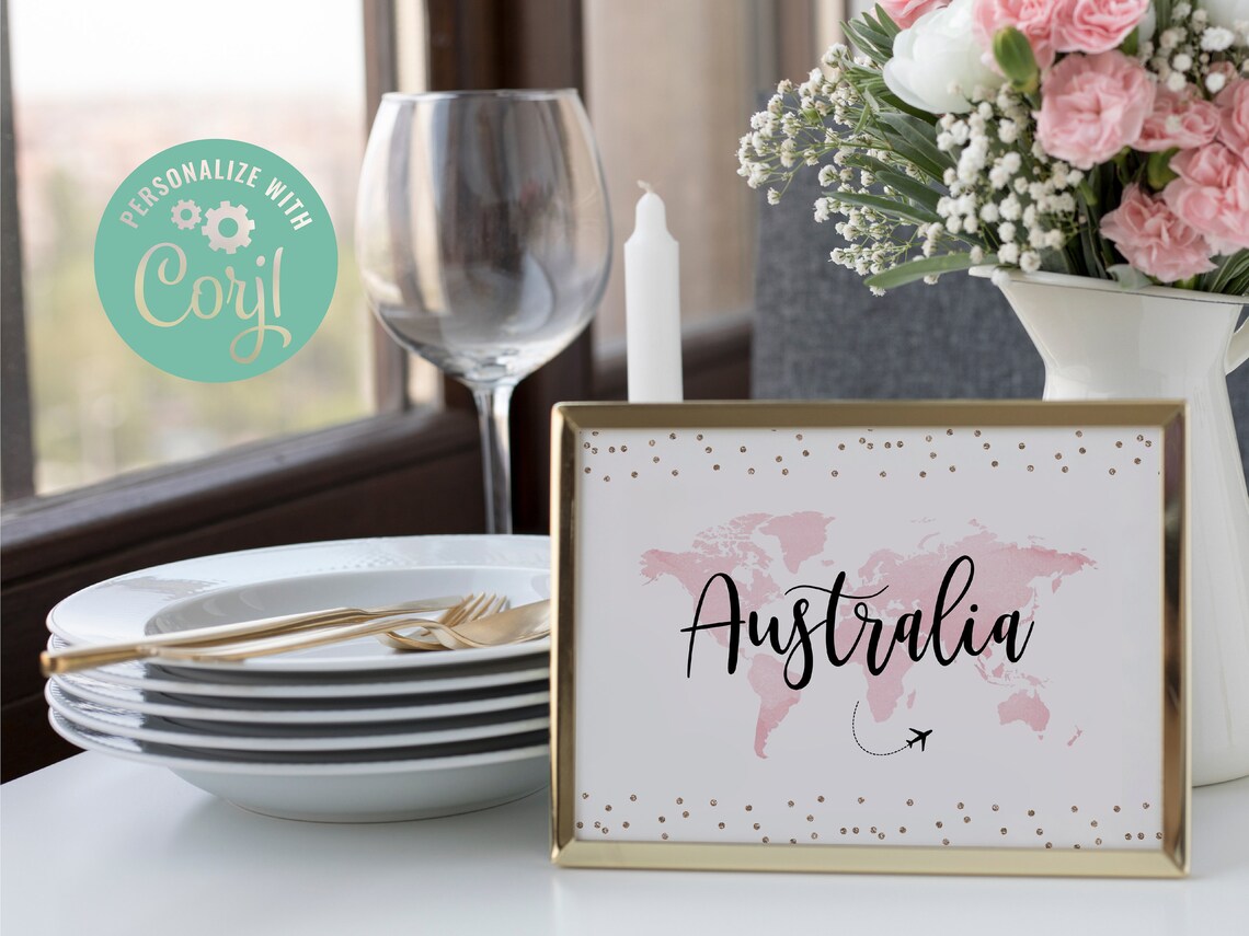 Rose Gold World Map Table Names Template Travel Theme Table | Etsy