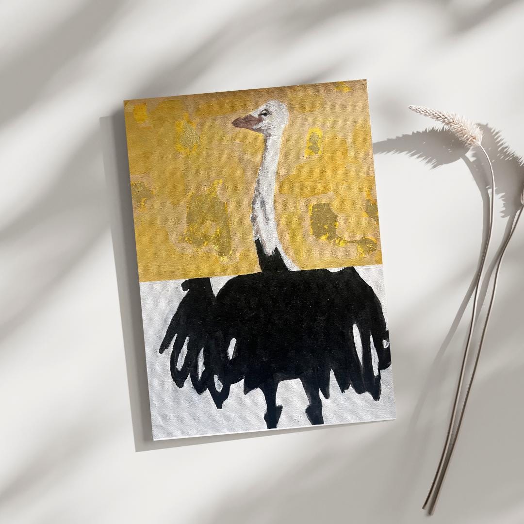 Original Ostrich Painting A4 – Hand-painted Animal Art – Yellow Wall ...