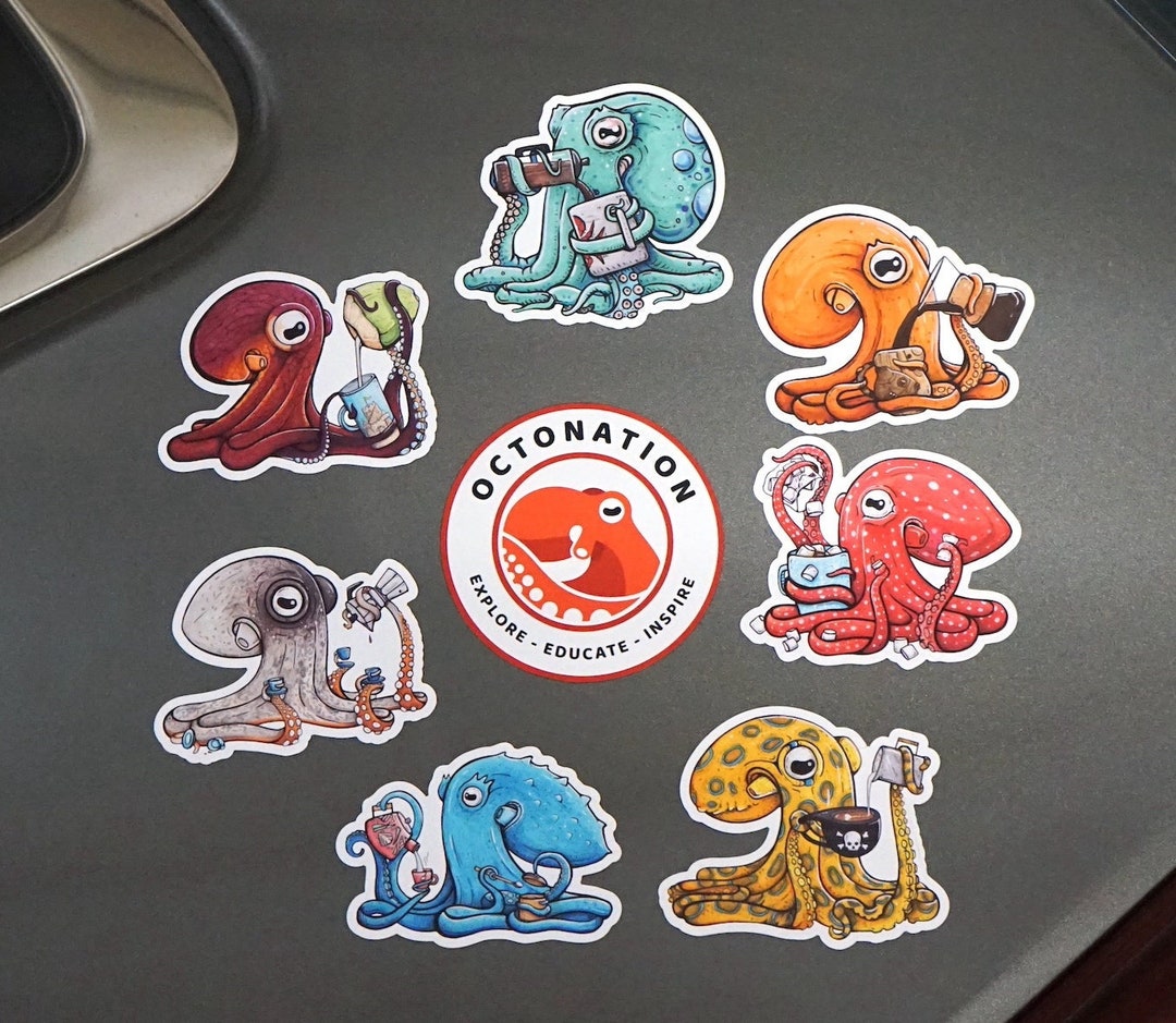 7 Magnet Pack: the Octobaristas! Octopus Making Coffe / Tea, Octopus ...