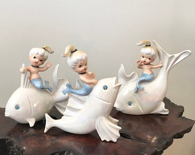 3 Vintage Norcrest Mermaid Wall Plaques Iridescent Rhinestone Eyes ...