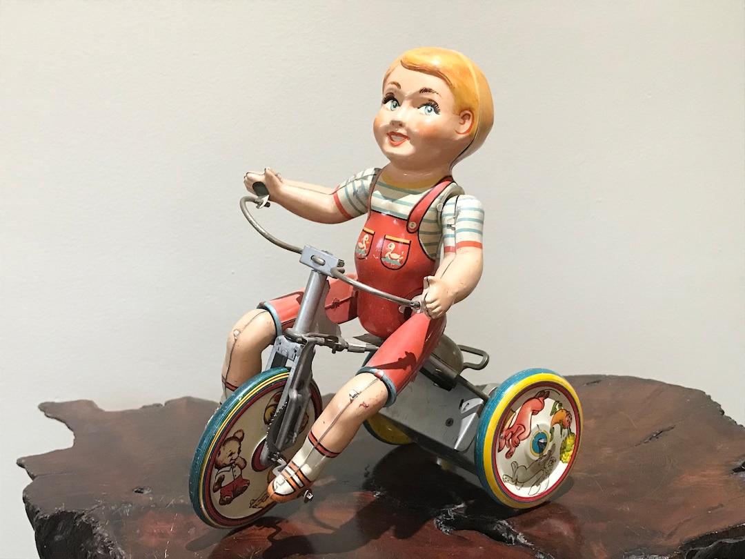 Antique Kiddy Cyclist Tin Litho Wind up Toy 1920s Girl Riding Bicycle ...