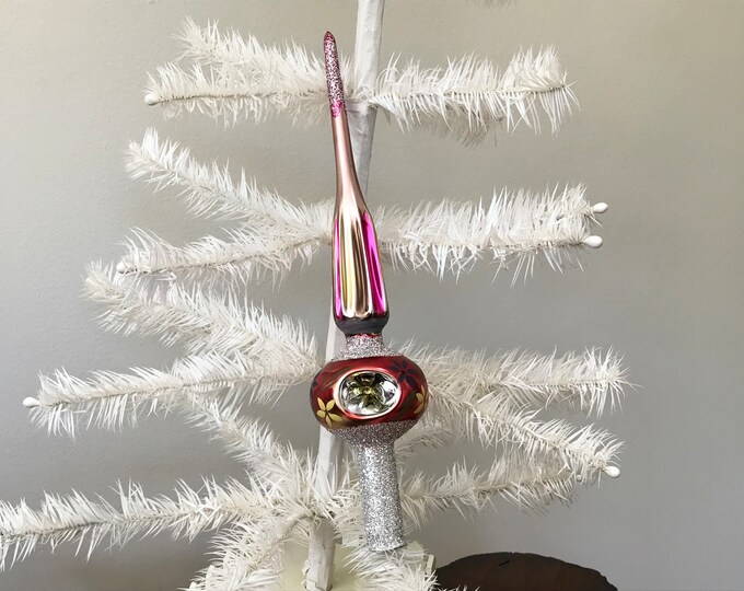 Mercury Glass Tree Topper Pink Glitter Triple Indent Poland 10” Shiny ...