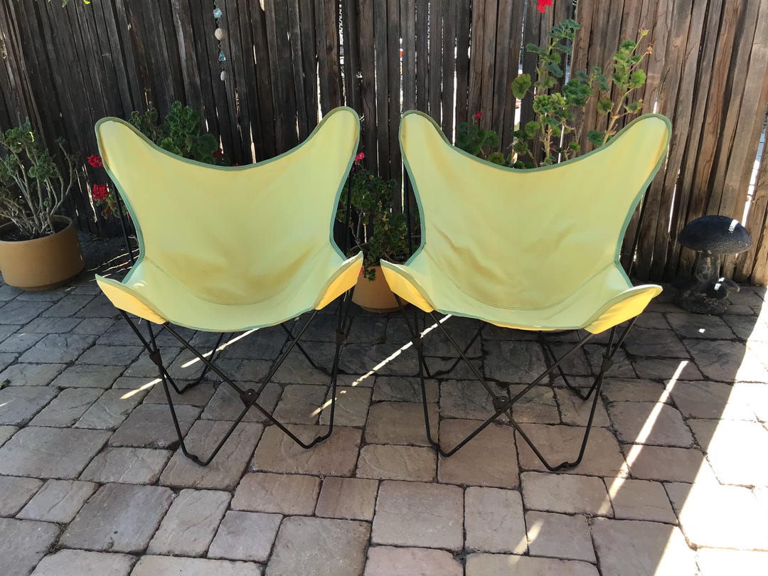 MCM Hardoy Butterfly Chairs Folding Iron Frame Yellow Canvas Seats Set ...