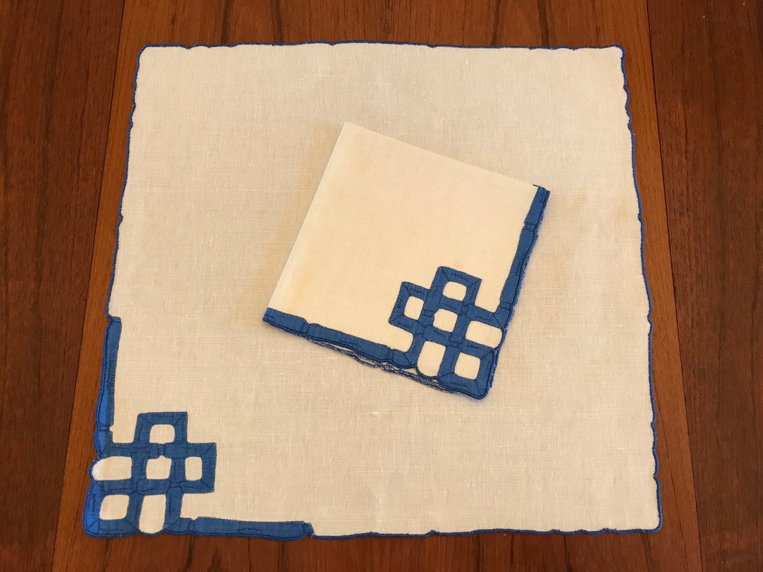 Marghab Madeira Placemats Napkins Hand Stitched Blue Greek Key Set/6 by ...