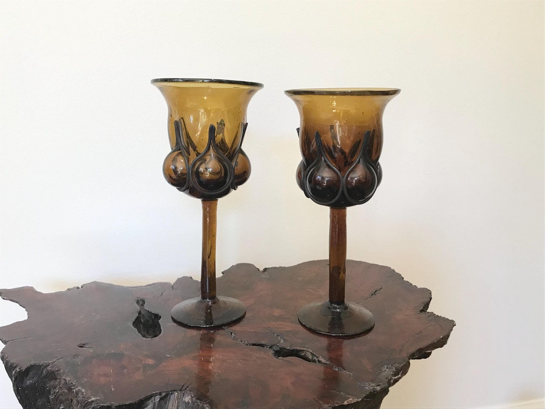 Felipe Delflingher Caged Glass Goblets 1960s Amber Blown Glass Set/2 by ...