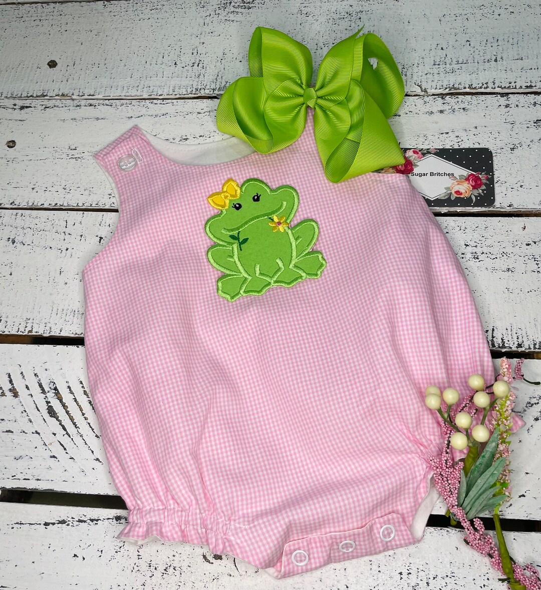 Pink Gingham Frog Monogram,baby Girl Bubble Romper, Baby Girl Summer ...