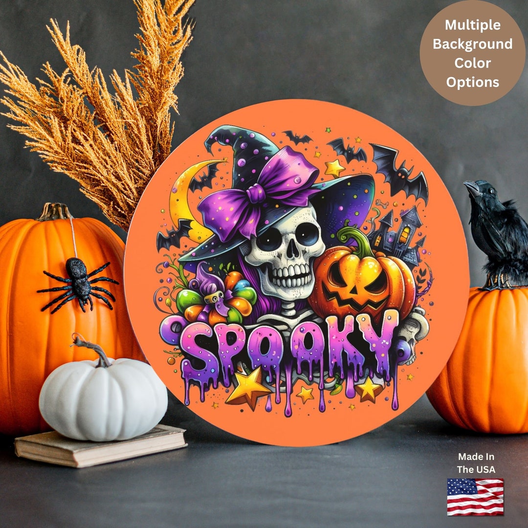 Spooky Skeleton Witch Hat Jack-o-lantern Front Door Decor Wood Sign 12 ...