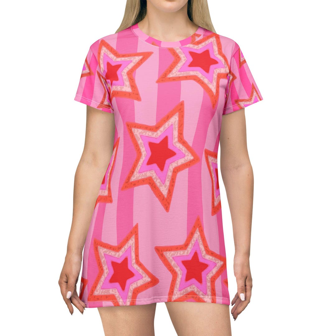 Pink Star Pattern T-shirt Dress | Retro Striped All-over Print - Etsy