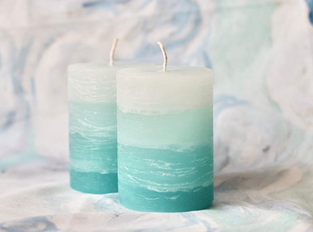Turquoise Nordic Rustic Unscented Layered Pillar Candle Set of 2 - Etsy