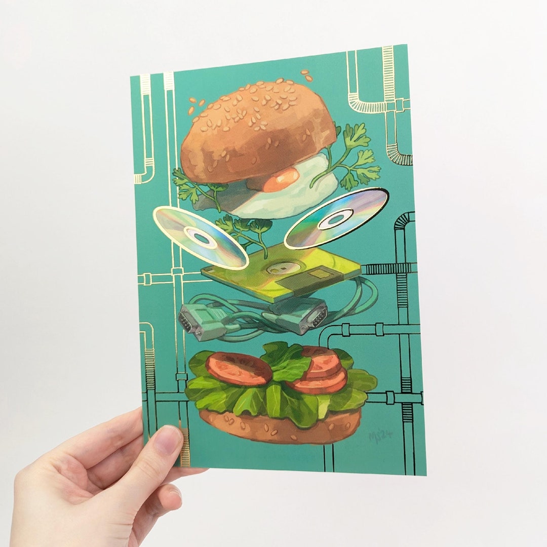 Retro Burger Art Print, Gold Foil Print, Y2K Futurism Art Print ...