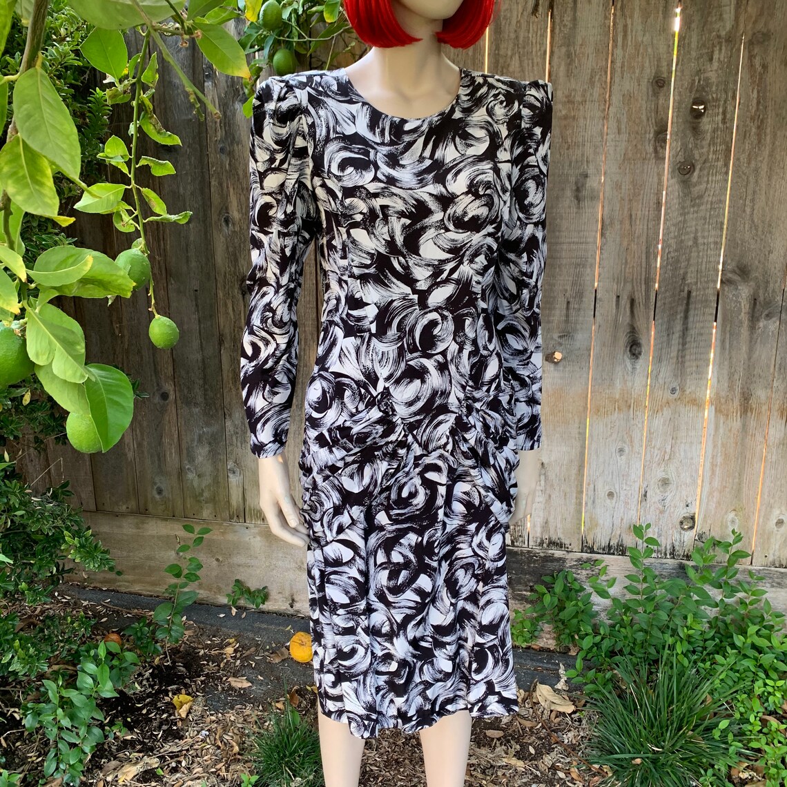 Vintage 80s Ruched Dress by Milanzo Black and White Fitted - Etsy