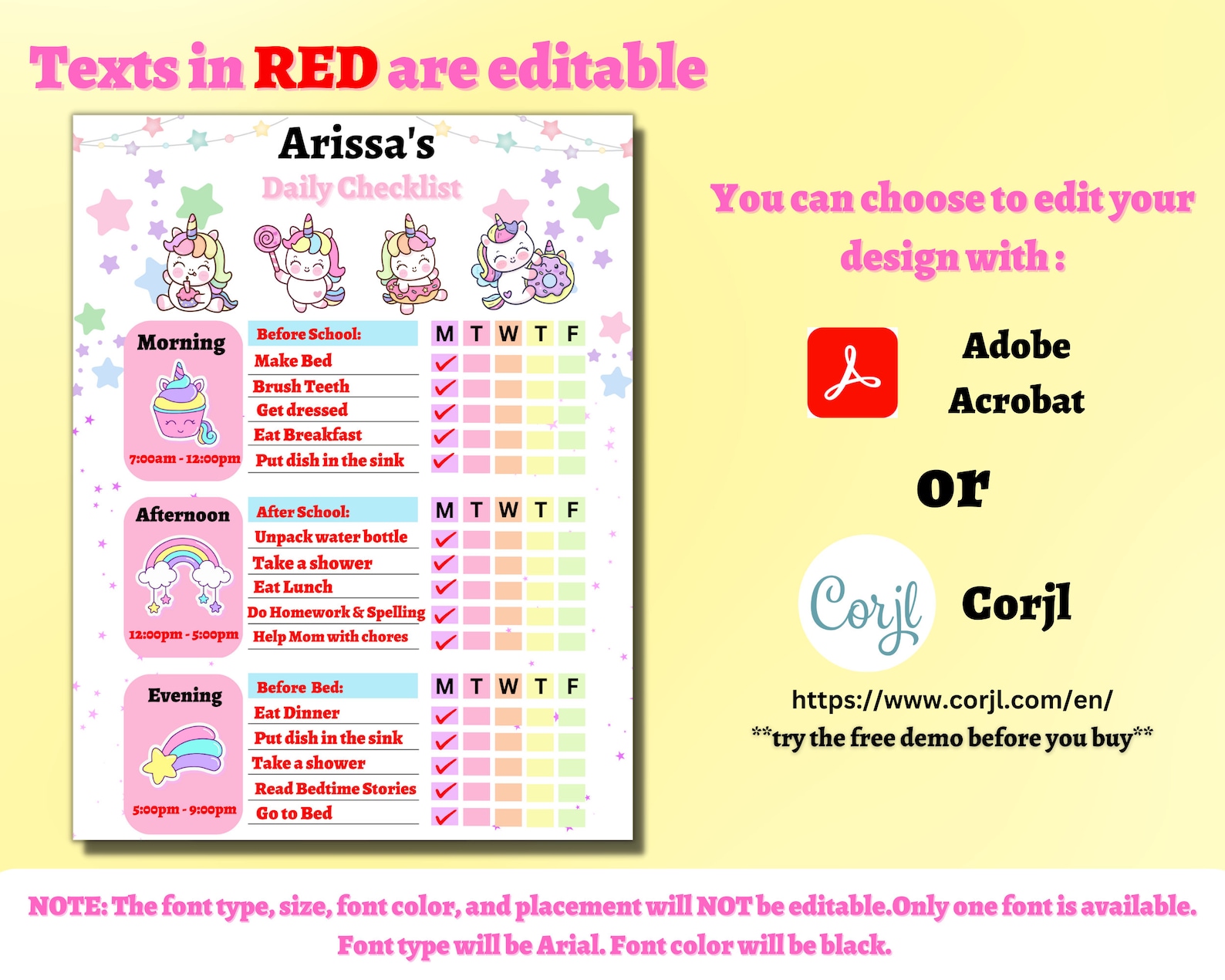 Editable Kids Daily School Checklist ,printable Unicorn Rainbow, Daily ...