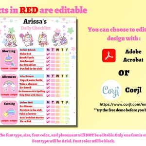 Editable Kids Daily School Checklist ,printable Unicorn Rainbow, Daily ...