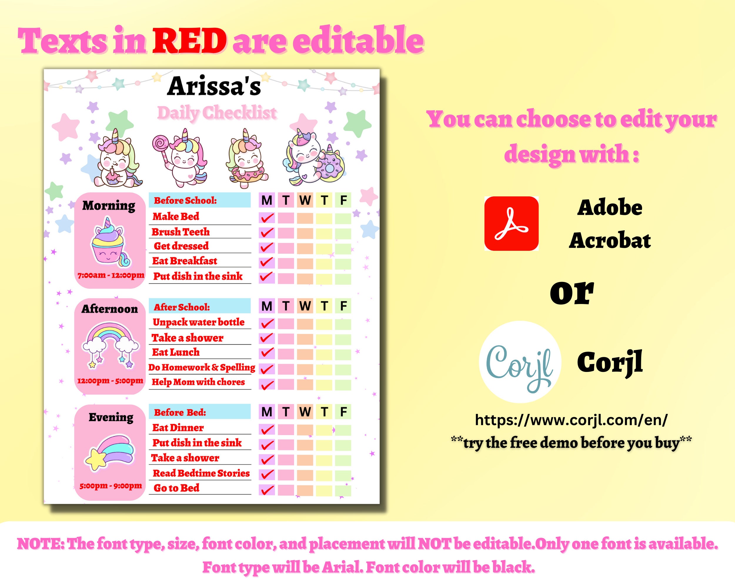 Editable Kids Daily School Checklist ,printable Unicorn Rainbow, Daily ...