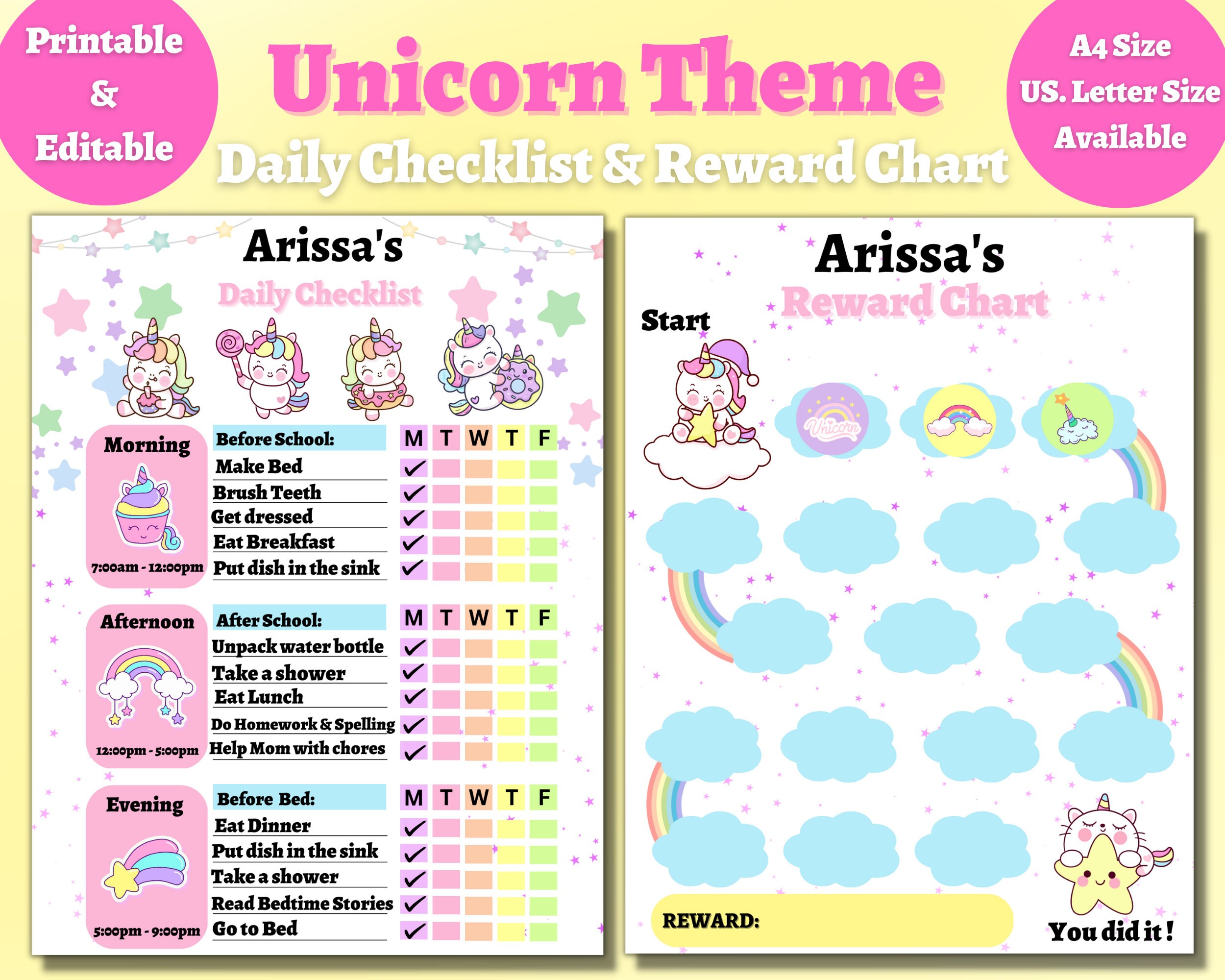 Editable Kids Daily School Checklist ,printable Unicorn Rainbow, Daily ...