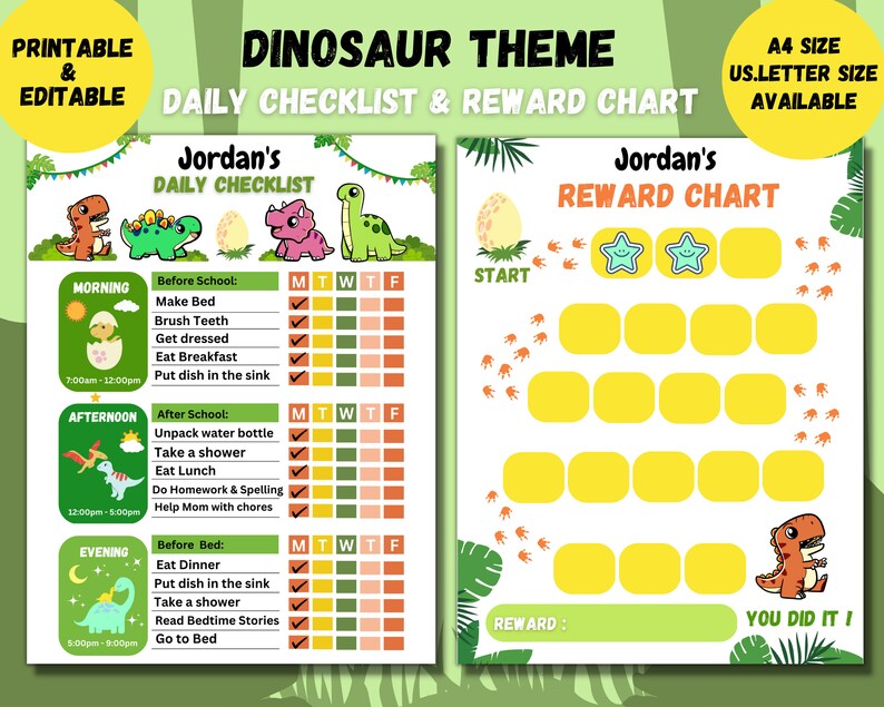 Editable Kids Daily School Checklist, Printable Dinosaur ,daily Chores ...