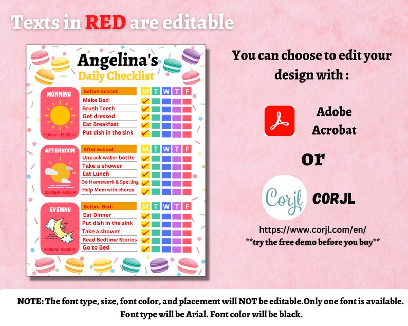 Editable Kids Daily School Checklist, Printable Candy Macaroon,daily ...