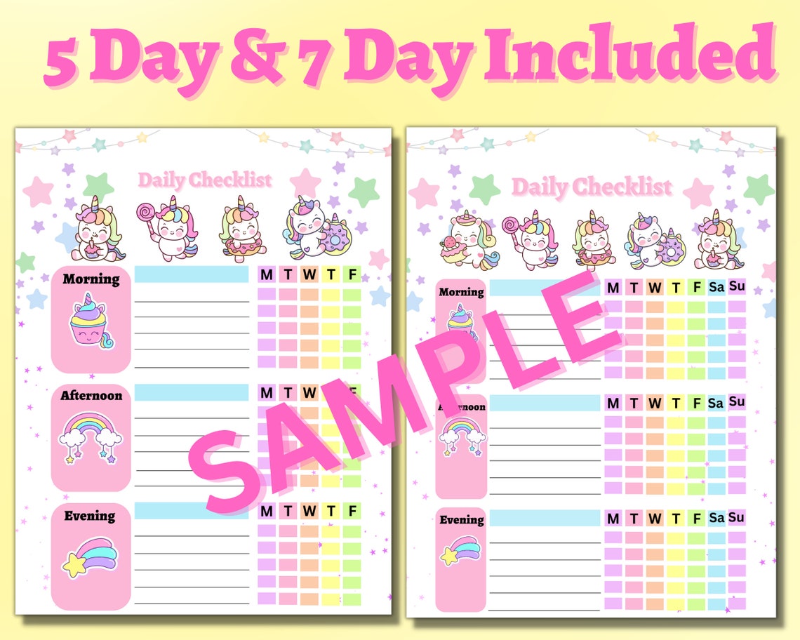 Editable Kids Daily School Checklist ,printable Unicorn Rainbow, Daily ...